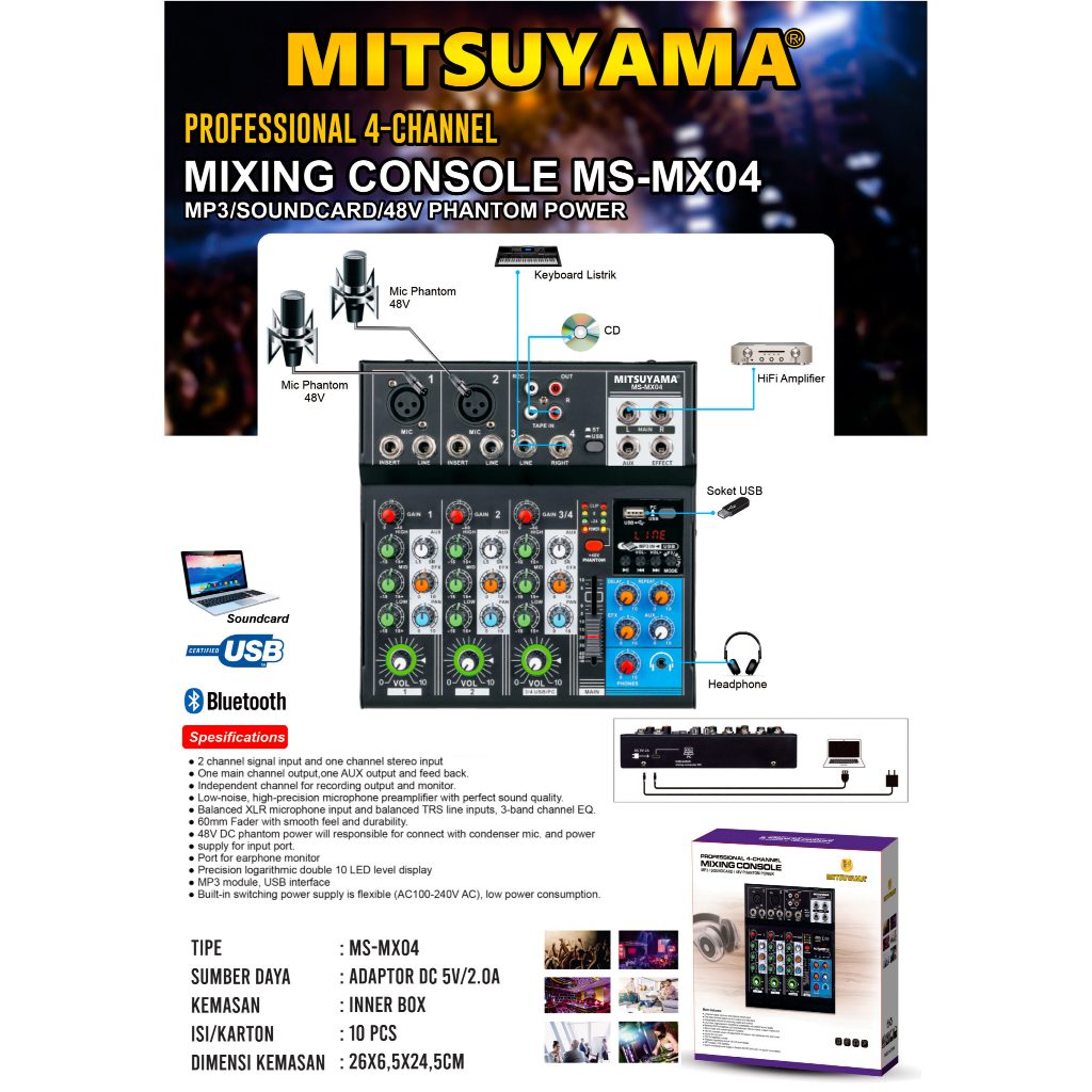 Jual Mixing Console Mixer 4 Channel Phantom Powe 48V MS-MX04 | Shopee ...
