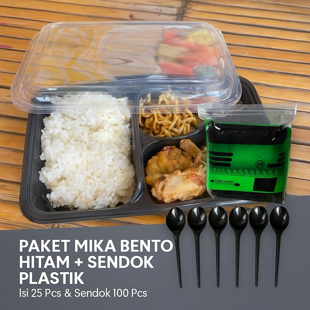 Jual Mika Bento Sekat 4 Isi 25 Pcs + Sendok Plastik Hitam 100 pcs ...