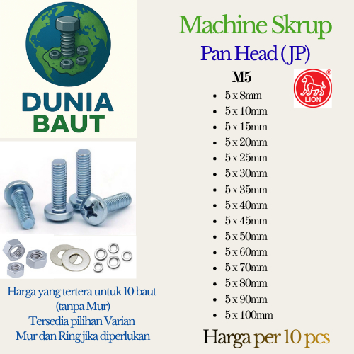 Jual (10 pcs) Baut JP (Pan Head), Machine Skrup, Diameter M5 Bahan ...