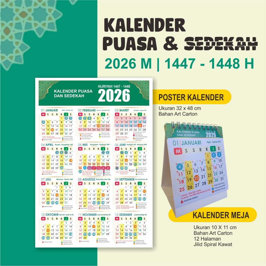 Jual Kalender Puasa dan Sdkoh 2026 / 1447-1448 Hijriah , Jenis Kalender ...