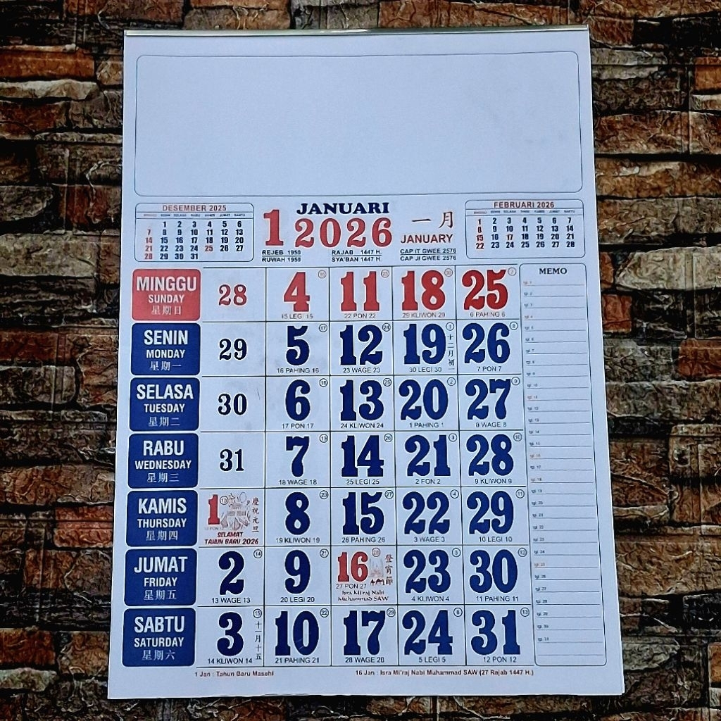 Jual kalender kerja standar umum Jadwal MJ (38 cm x 54 cm) tahun 2026 ...