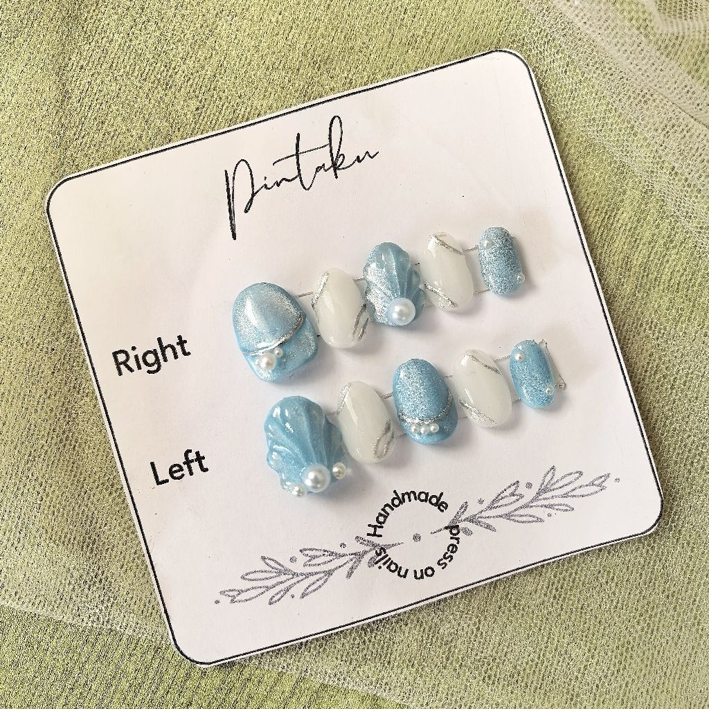 Jual press on nails blue shell 3D - handmade press on nails - fake ...