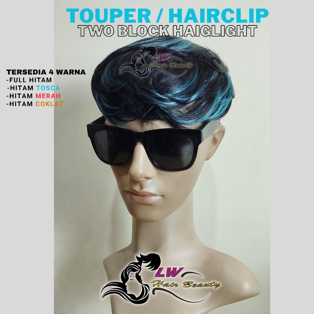Jual Toupee Pria Two Block Highlight Biru KPOP Style Hairclip Wig Cowok ...