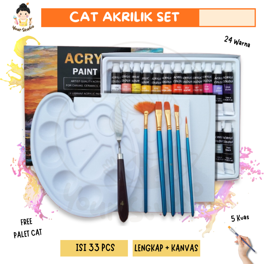 Jual KIT Cat Akrilik SET 24 Warna Cat isi 10 ml (ISI 33 PCS) FREE ...