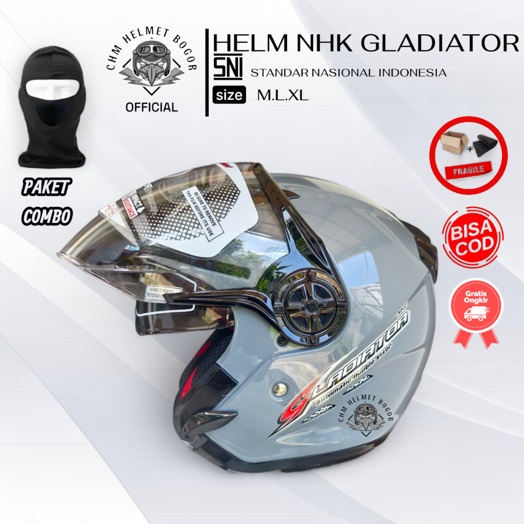 Jual HELM NHK GLADIATOR GREY GLOSSY | HALF FACE DOULE VISOR | Shopee ...