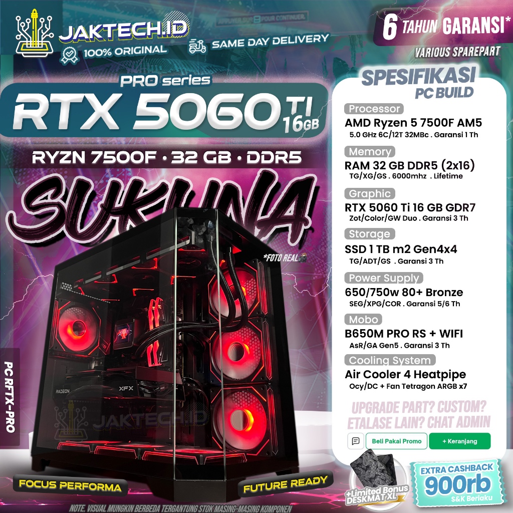 Jual PC Ryzen 7500F RTX 5060 Ti 16GB | RX 9060 XT | 32GB DDR5 | 1 TB ...