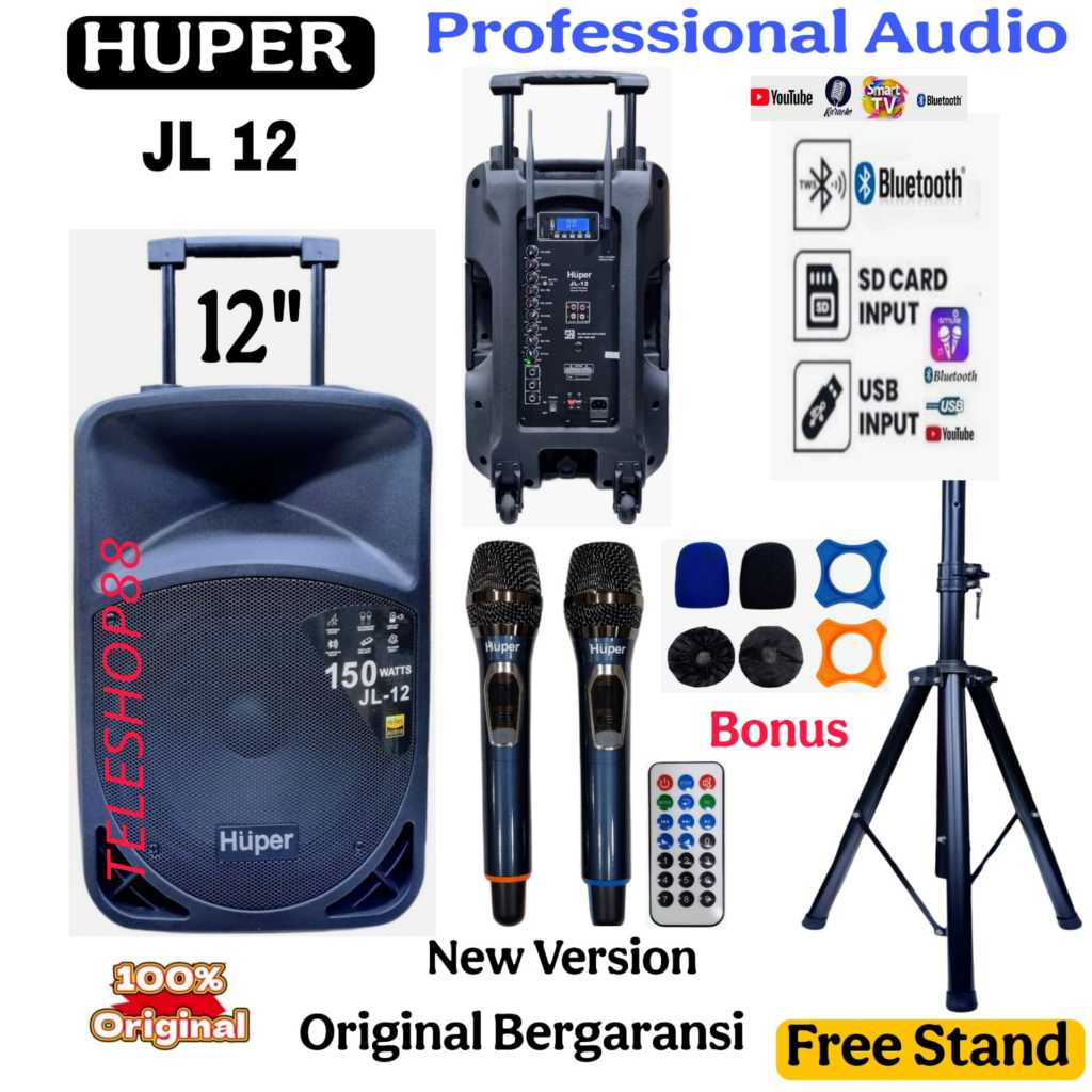 Jual Paket speaker portable 12 inch HUPER JL12 150watt bluetooth usb ...