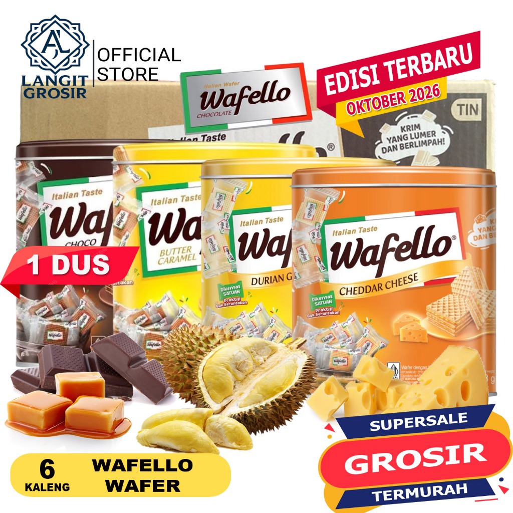 Jual Wafello Wafer Kaleng 1 DUS isi 6 Cokelat Keju Karamel durian Edisi ...