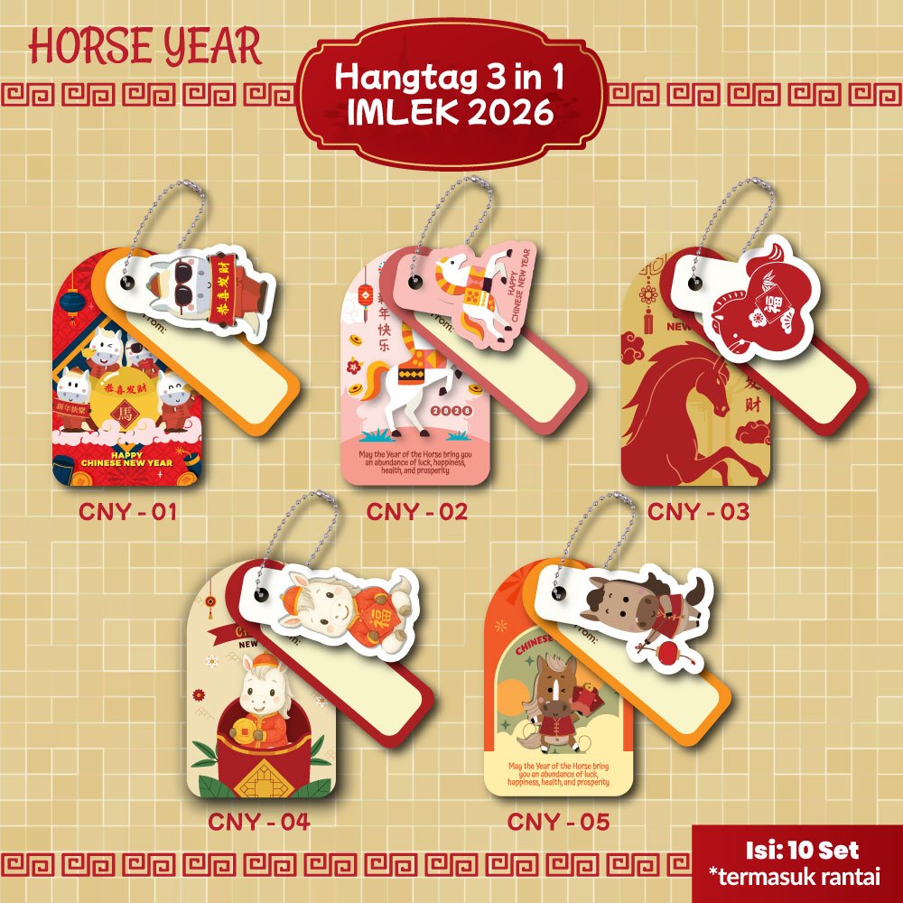Jual [10 set + Rantai] HORSE YEAR 2026!! Hang Tag 3 in 1 Imlek Chinese ...