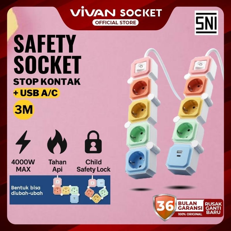 Jual VIVAN Safety Socket VPS-H2040C Rainbow Socket 4AC Port 3M Free ...