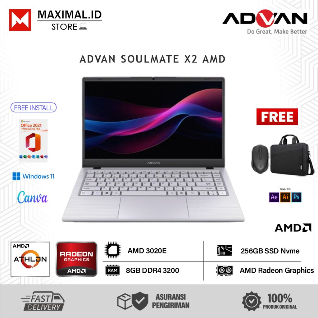 Jual Laptop Baru ADVAN SOULMATE X2 AMD 3020E Ram 8GB 128GB 14 FHD IPS ...