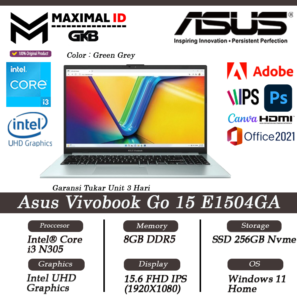 Jual ASUS Vivobook Go 15 E1504GA Intel I3 N305 RAM 8GB 256GB 15.6 FHD ...