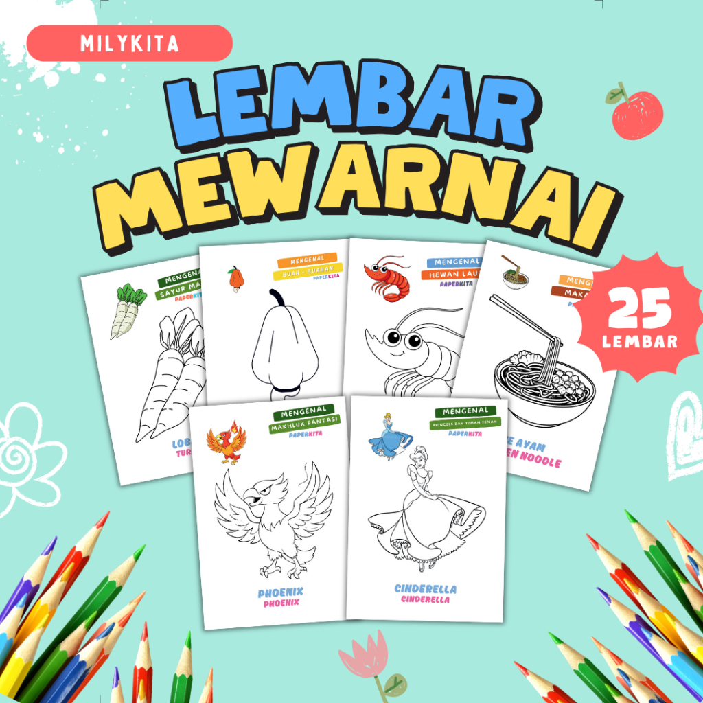 Jual Paket 25 Lembar Mewarnai Anak Kertas Worksheet HVS a5 Gambar Tema ...