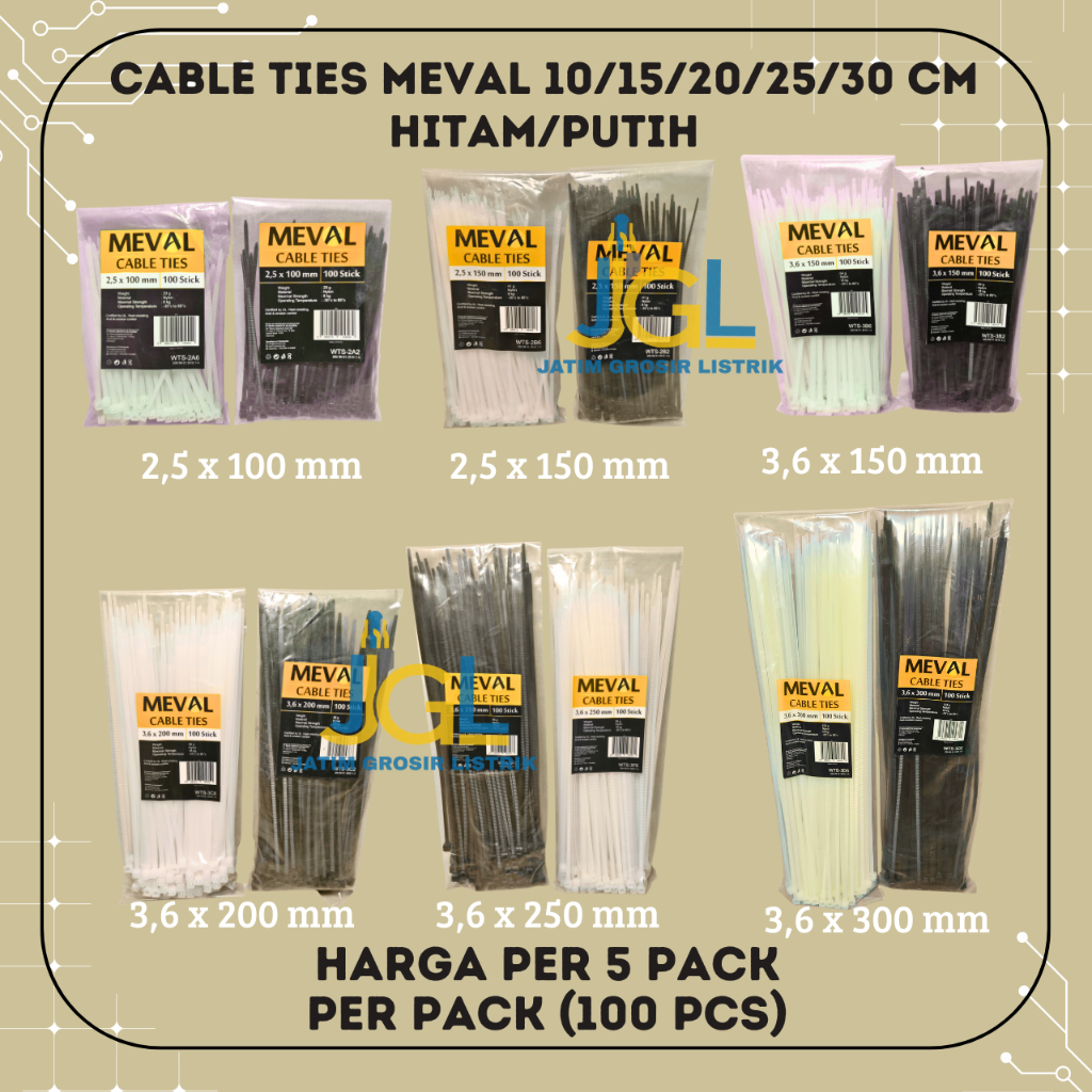 Jual 5 Bungkus Cable Ties / Tali Ties Meval Warna Hitam dan Putih 10/15 ...
