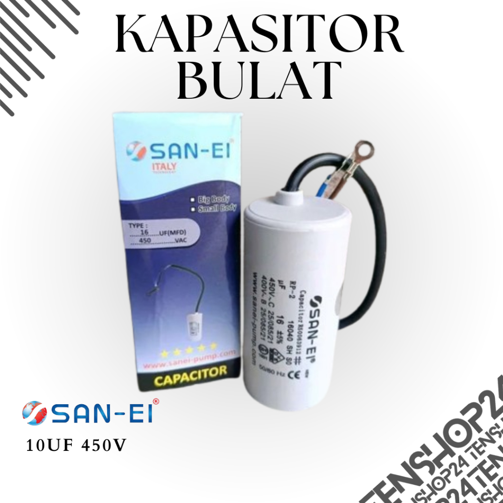 Jual Kapasitor Merk SAN-EI Bulat Kabel 10 UF 450v Capacitor Round Cable ...