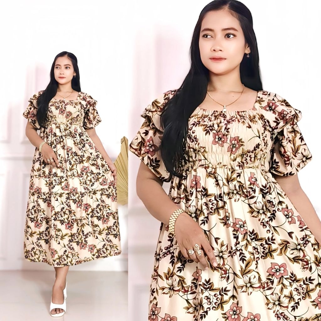 Jual NEW GAUN BUNGA MOTIF LENGAN PENDEK LD 110 PB 120/DRESS SMOKE ...