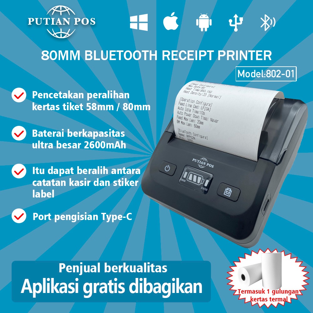 Jual Printer thermal Bluetooth + USB 80mm, bisa cetak struk, alamat ...