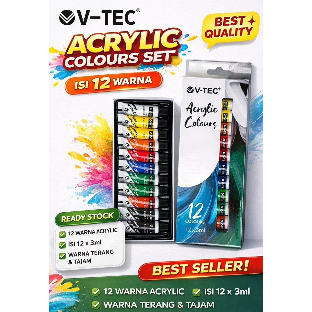 Jual V-TEC Cat Akrilik Set 12 Warna x 3ml VT 312A - Acrylic Paint Color ...