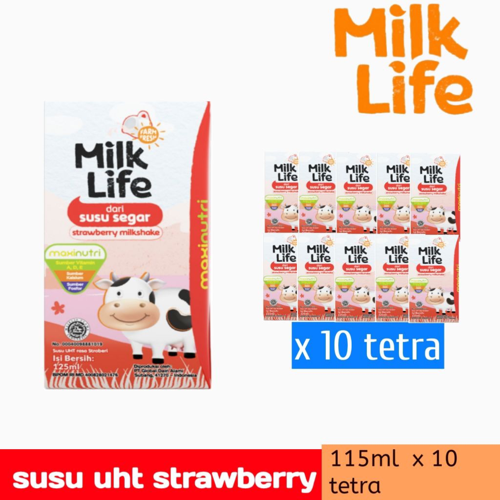 Jual susu uht strawberry 115ml isi 10 tetra merk milk life | Shopee ...