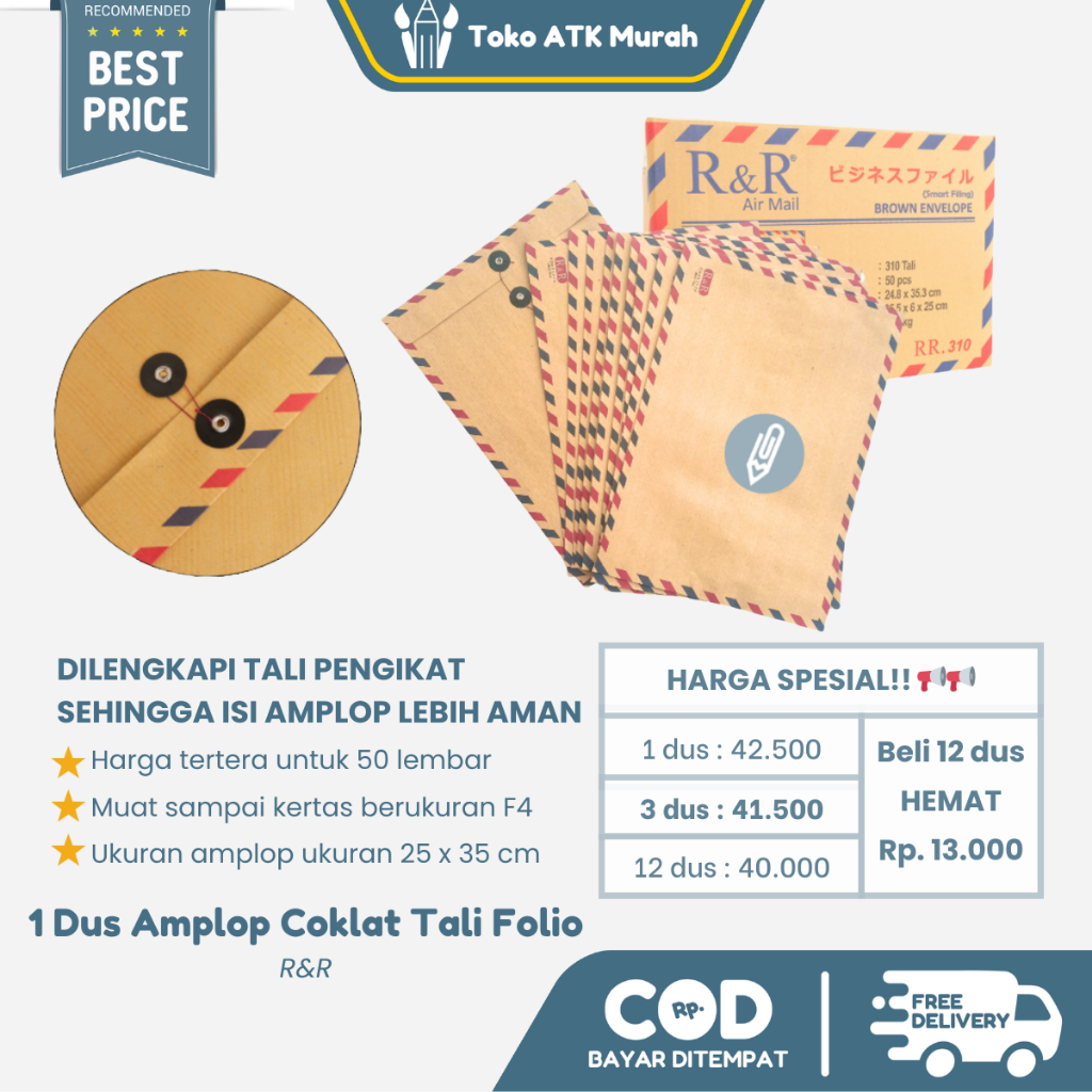 Jual 1 Dus Amplop Coklat Tali Folio R&R Air Mail 25x35 cm Isi 50 Lembar ...