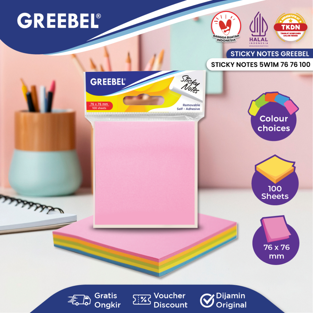 Jual GREEBEL Memo Sticky Notes 1 Set 5 Warna 100 Lembar [5W1M 7676100 ...