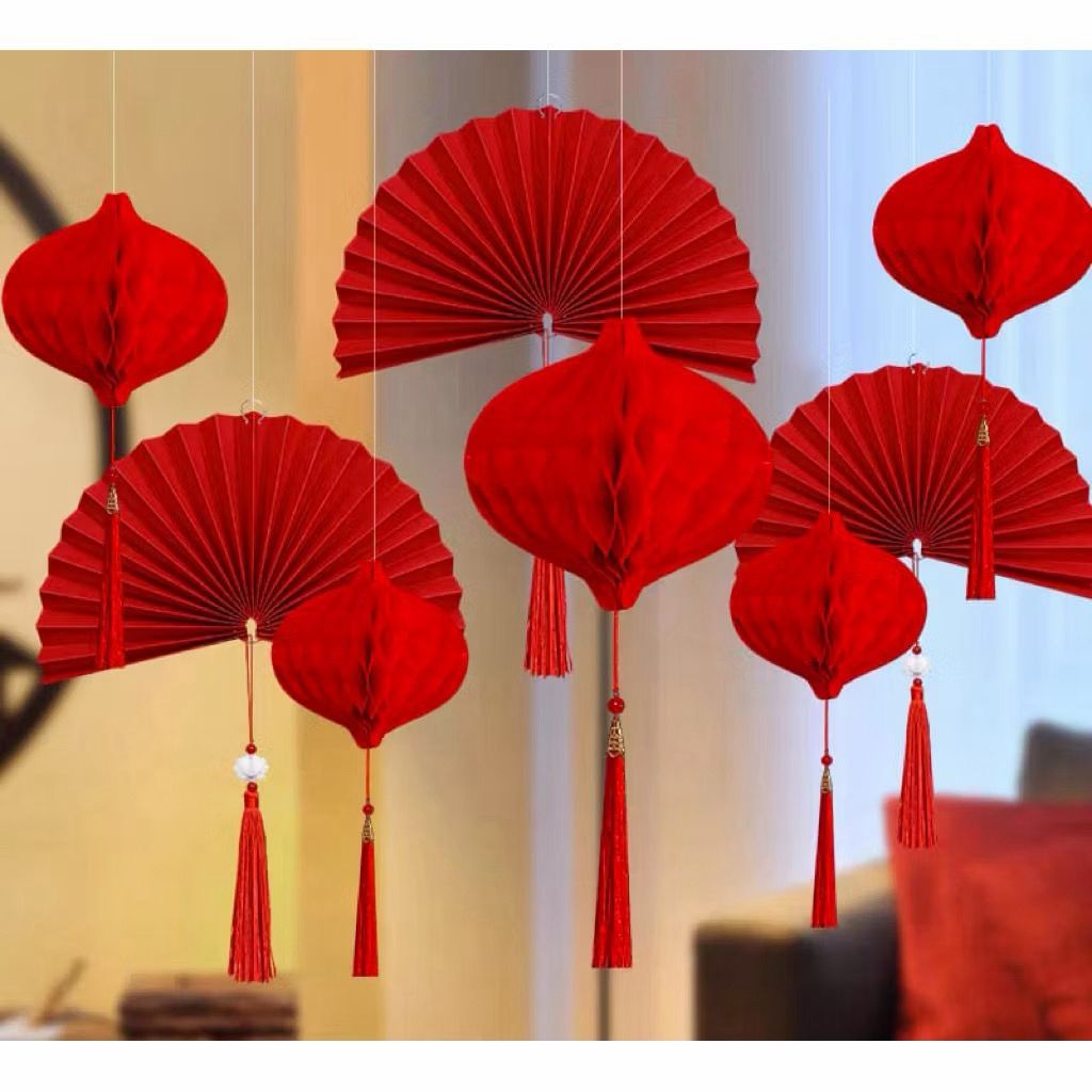 Jual GANTUNGAN KIPAS KERTAS DEKOR MERAH SET 3PCS LAMPION LIPAT ...
