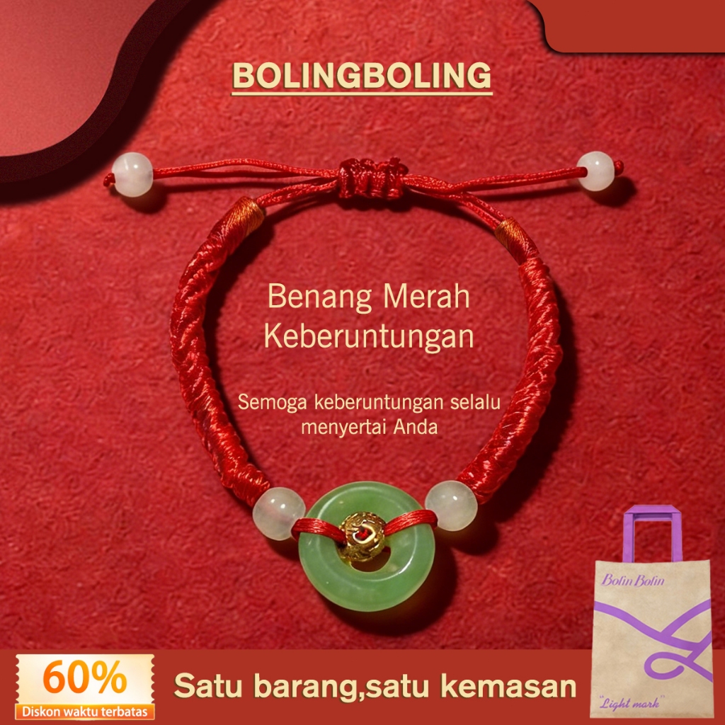 Jual Gelang Batu Hijau Kristal Tali Merah Alami Liontin Ping An Kou ...