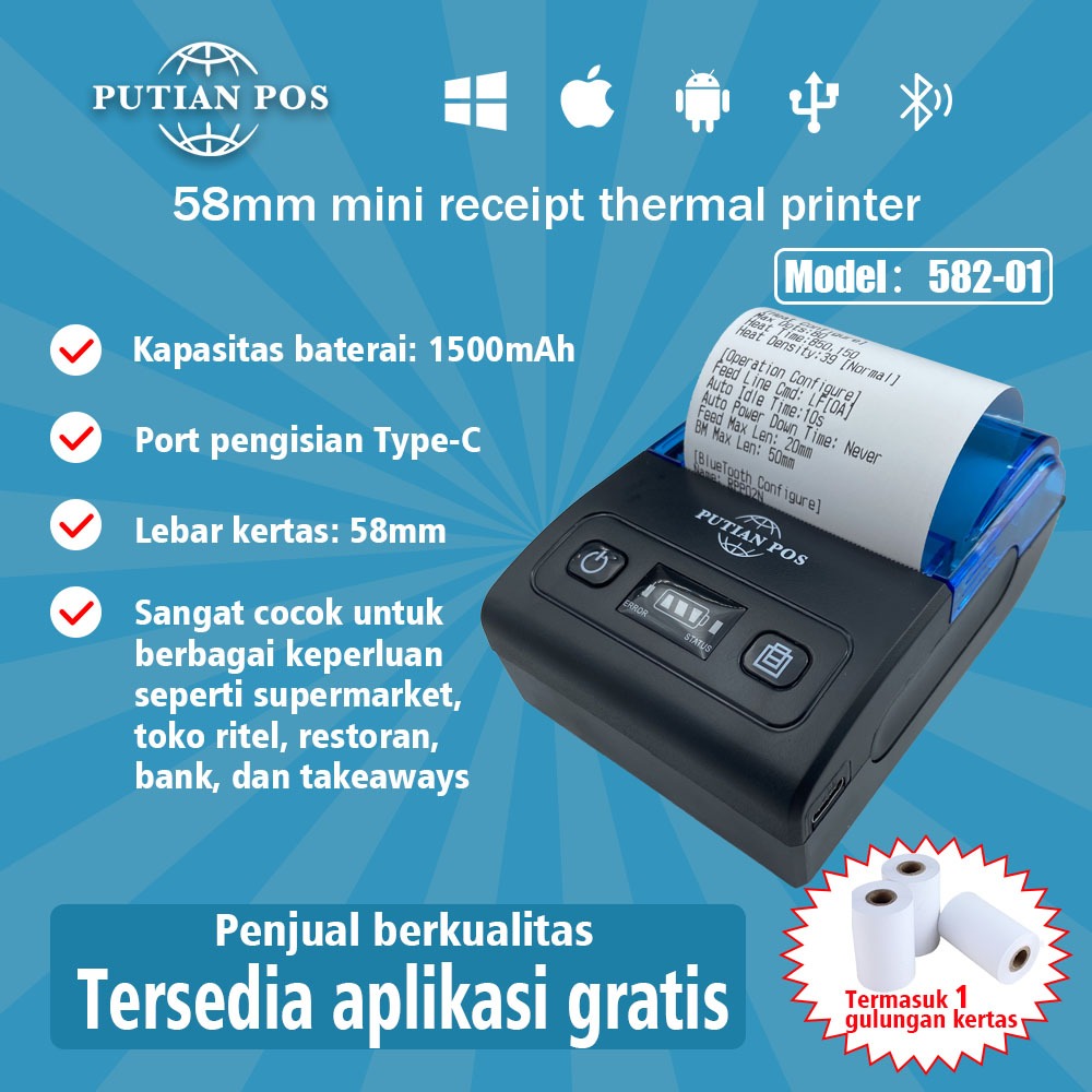 Jual Printer termal Bluetooth mesin kasir mini portabel 58mm support ...