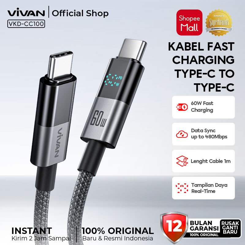 Jual VIVAN Kabel Data C to Type C Fast Charging 60W 1M Daya Layar Real ...