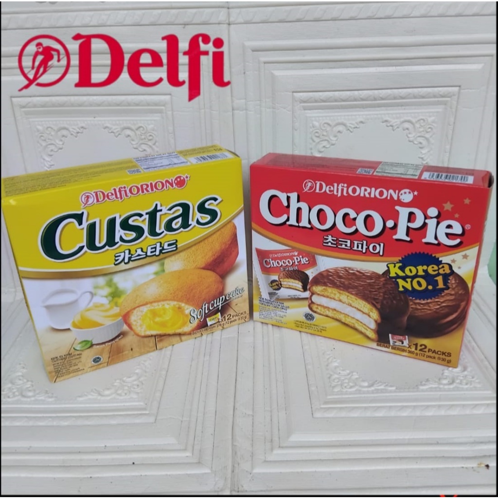 Jual Delfi orion choco pie 360gr dan custas soft cup cake 276gr kemasan ...