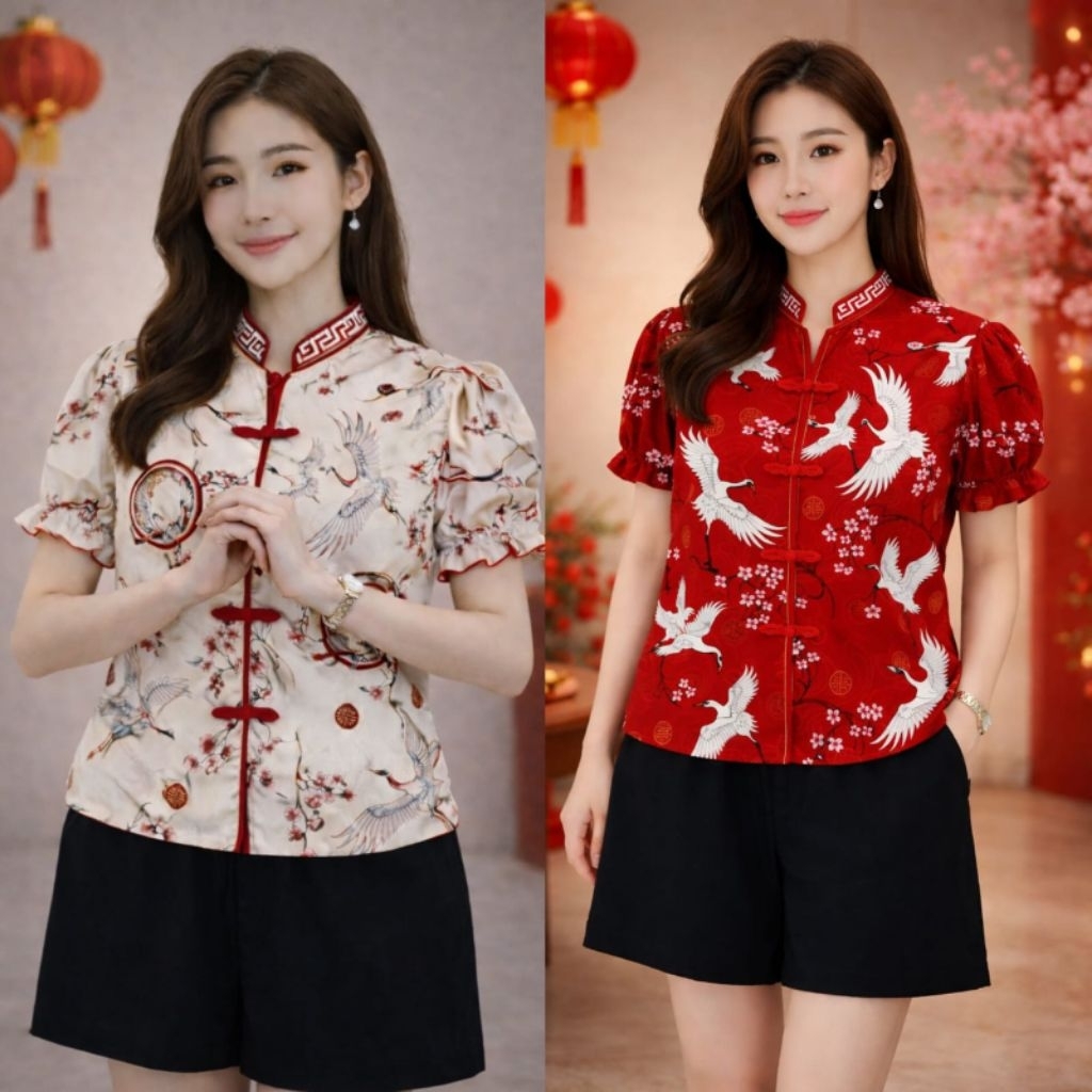 Jual Blouse Atasan Wanita Terbaru Merah Imlek Sincia Katun Stretch ...