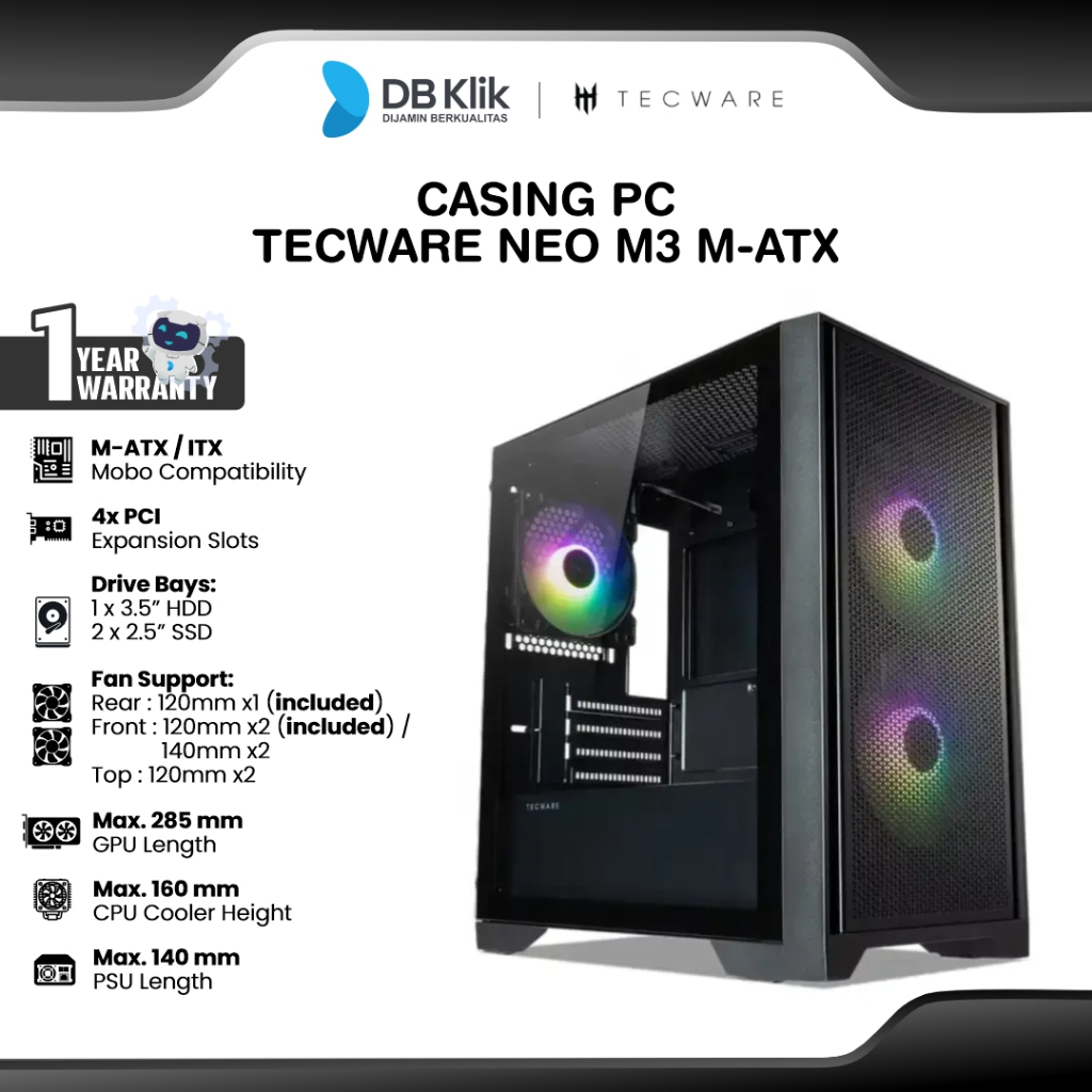 Jual Casing PC Tecware Neo M3 M-ATX Pre-Installed 3 Fan - Black ...
