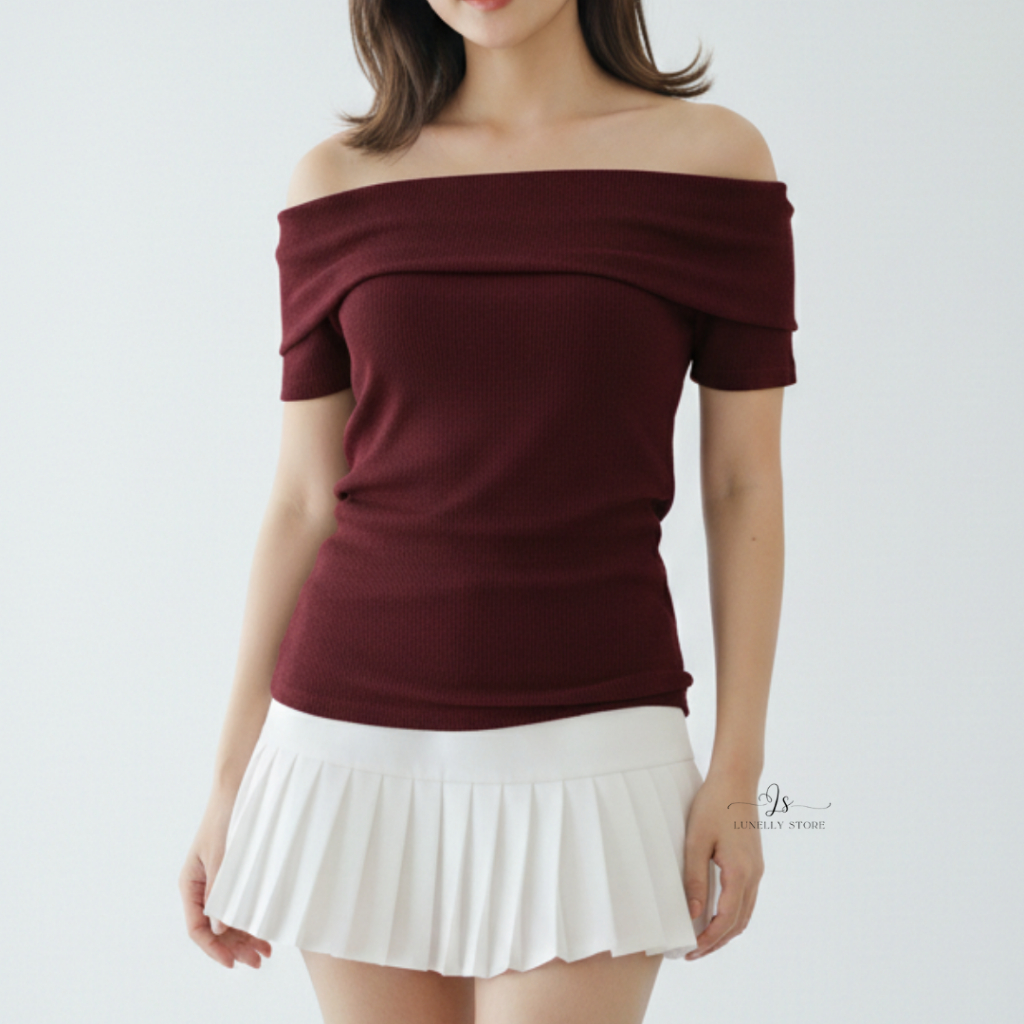 Jual Lunelly Atasan Chloe Off Shoulder Fold Sabrina Crop Top Kaos Polos ...