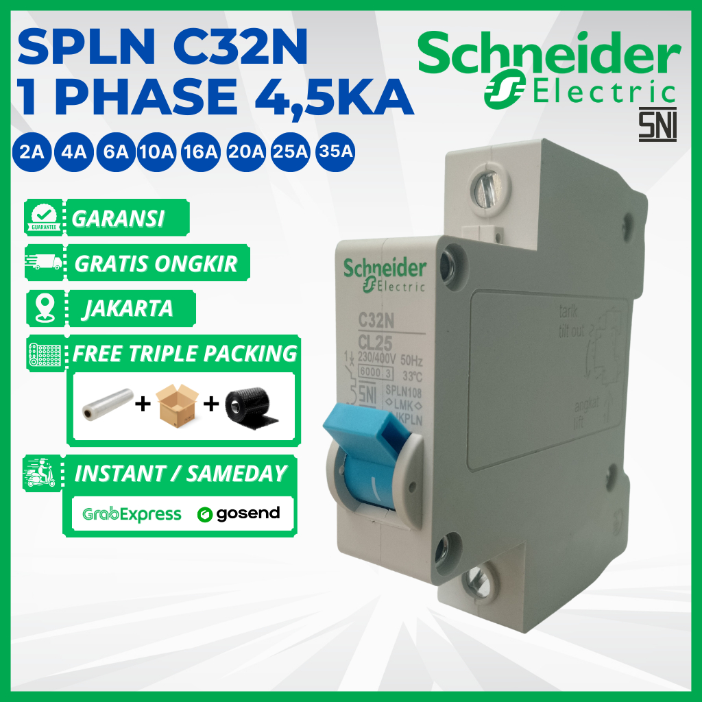 Jual MCB SCHNEIDER SPLN 1 CL C32N Phase 4,5KA SNI Baru Original 1P 2A ...