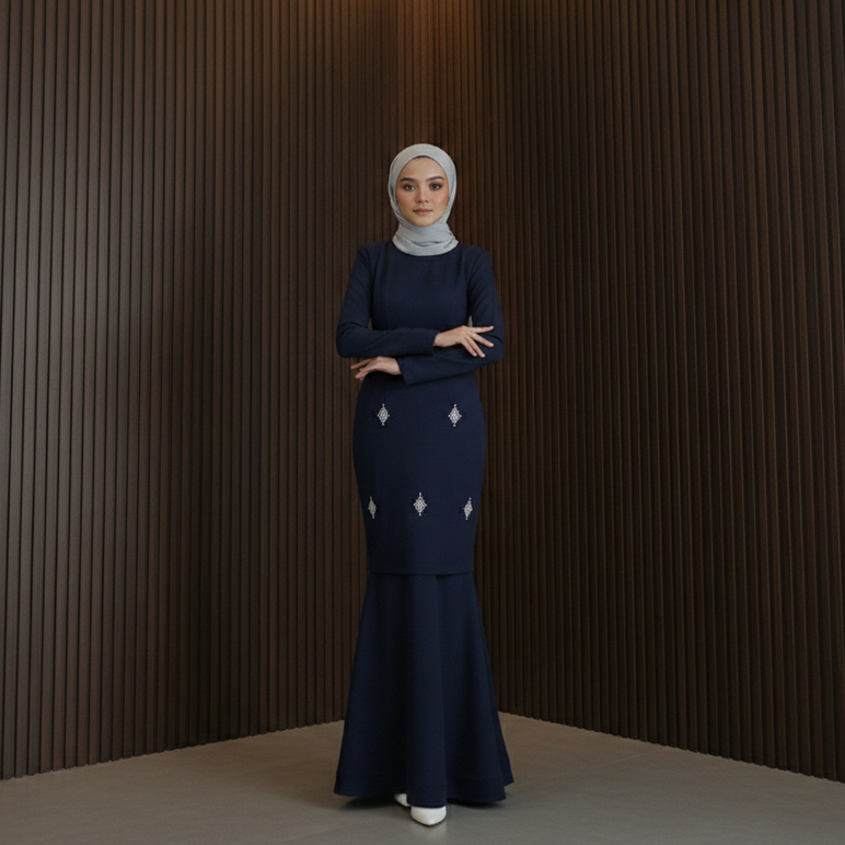 Jual Aleeya Navy Setelan Baju Kurung Modern Mermaid Dress Melayu Wanita ...