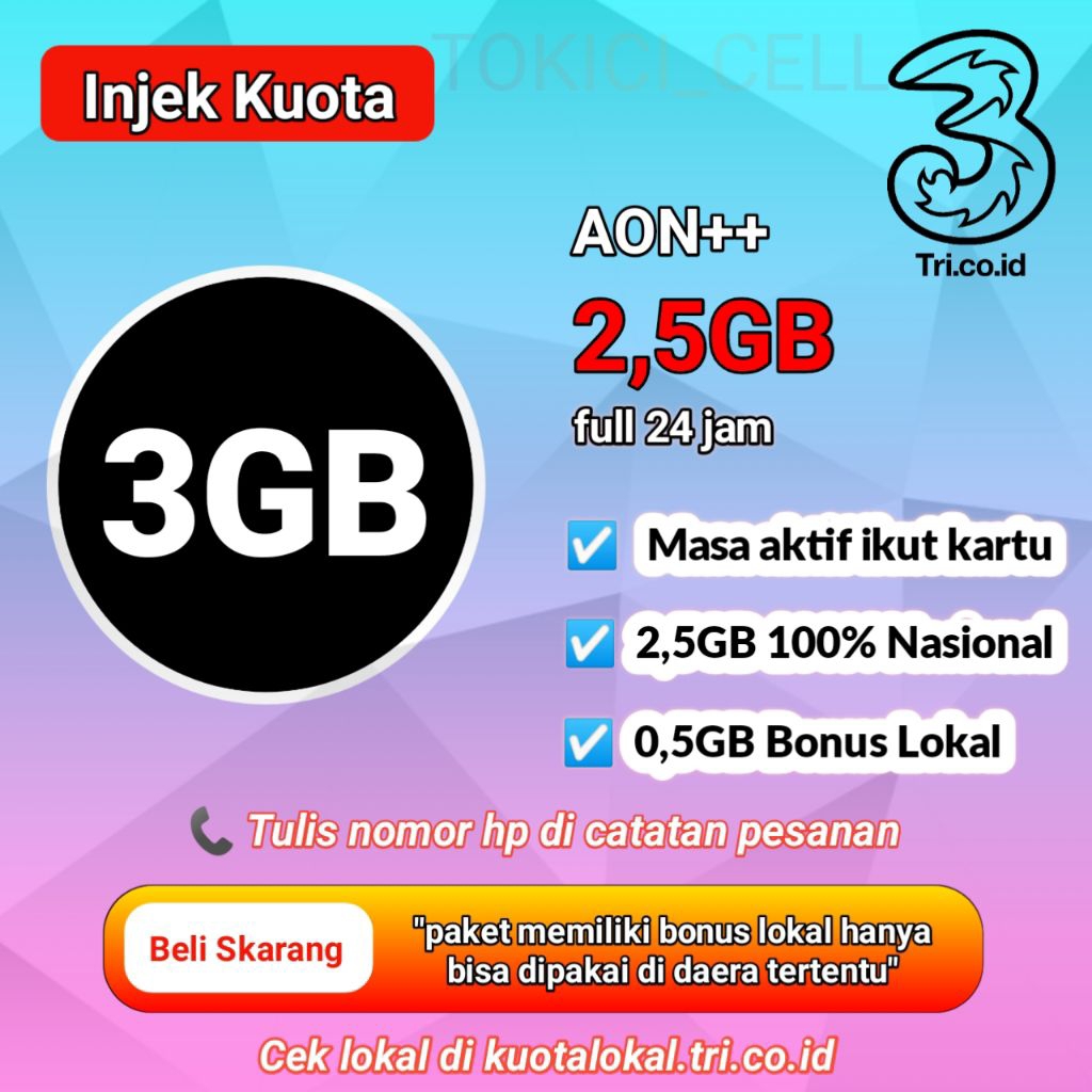 Jual Paket data AON Injek Tri/3/Three 2,5GB/3GB Nasional & bonus lokal ...