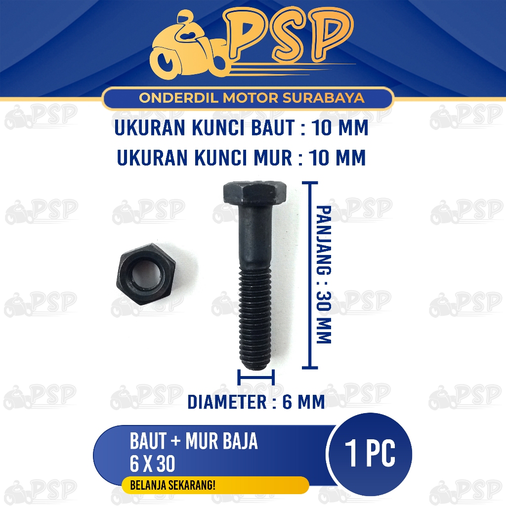Jual Baut Baja 6x30 (+ Mur) Harga 1 PC - Baud Mor Baja M6 Bibir Topi ...