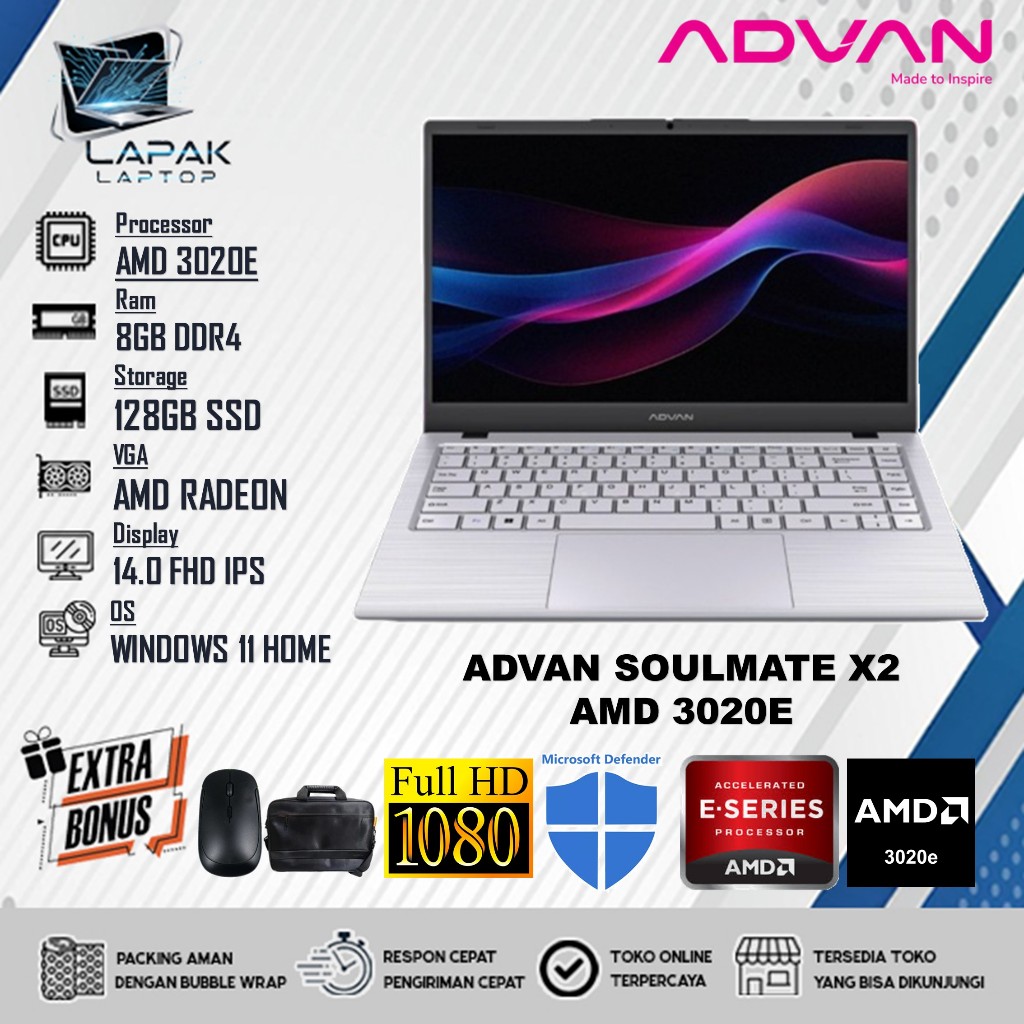 Jual Laptop Advan Soulmate X2 AMD 3020E RAM 8GB SSD 512GB 14 FHD IPS ...