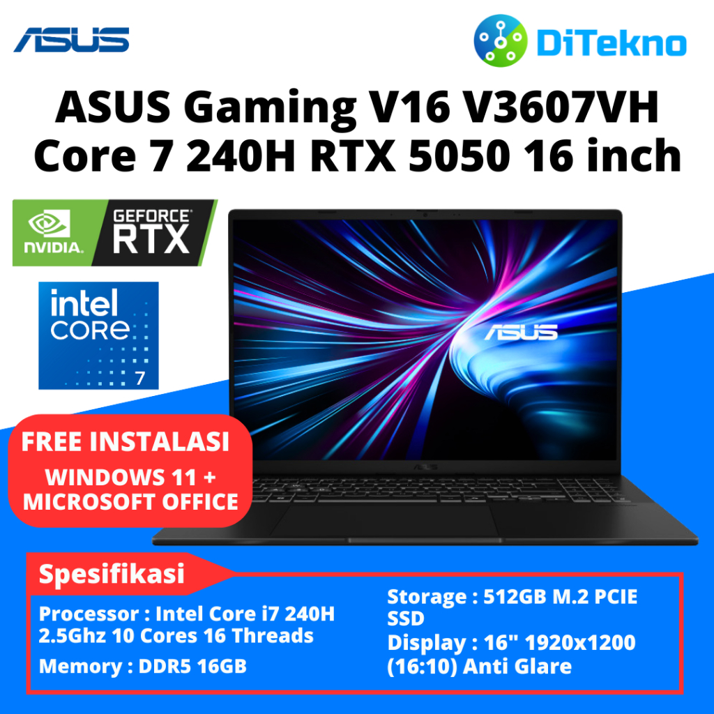 Jual Asus Gaming V16 V3607VH Intel Core 7 240H RTX 5050 16inch RAM 16GB ...