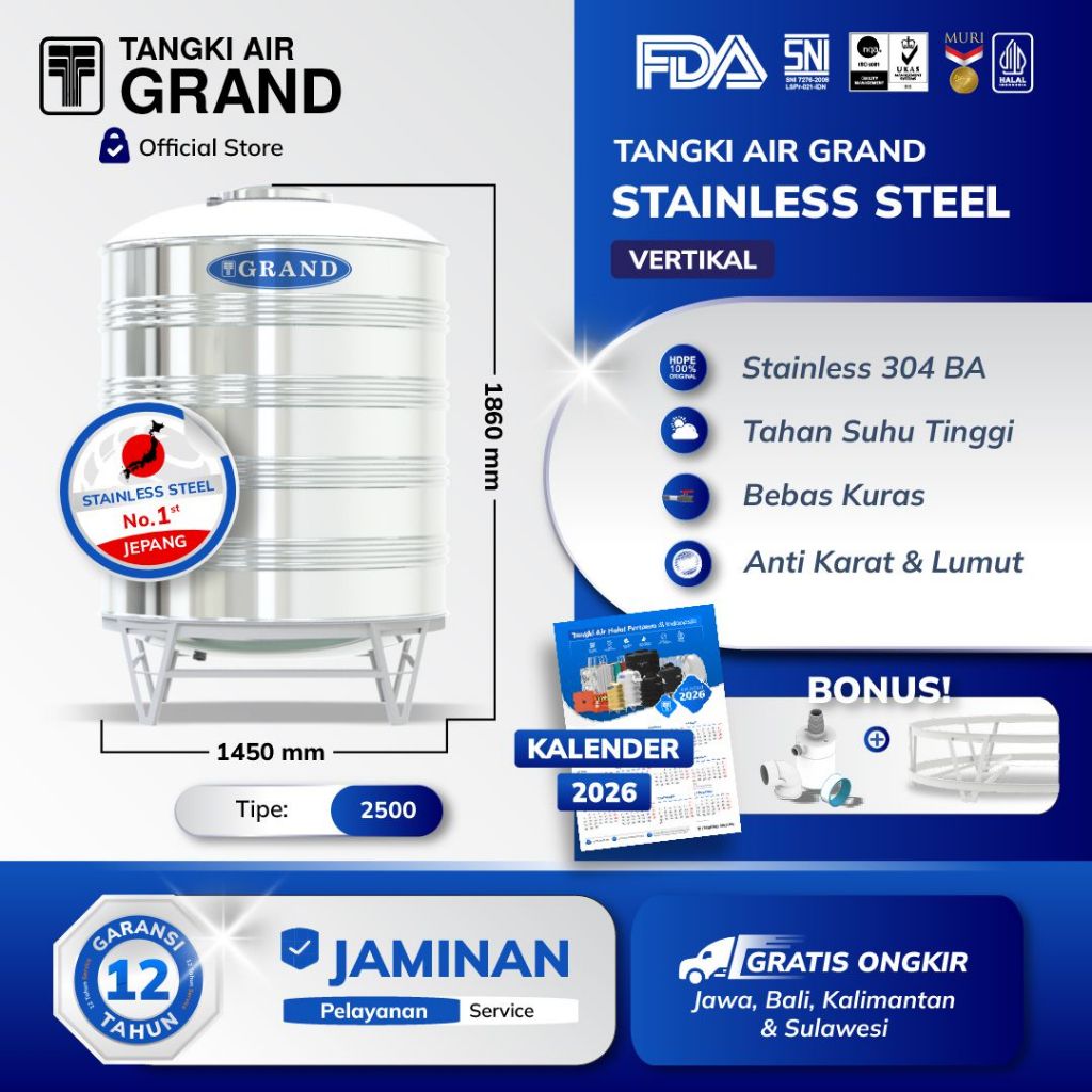 Jual Grand Toren Tandon Air Tangki Stainless 2000 Liter TSV 2500 Anti ...