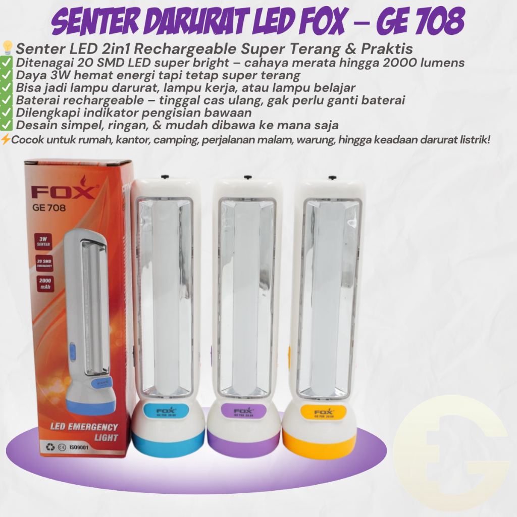 Jual Senter Darurat LED FOX GE 708 Rechargeable | Lampu Emergency LED ...