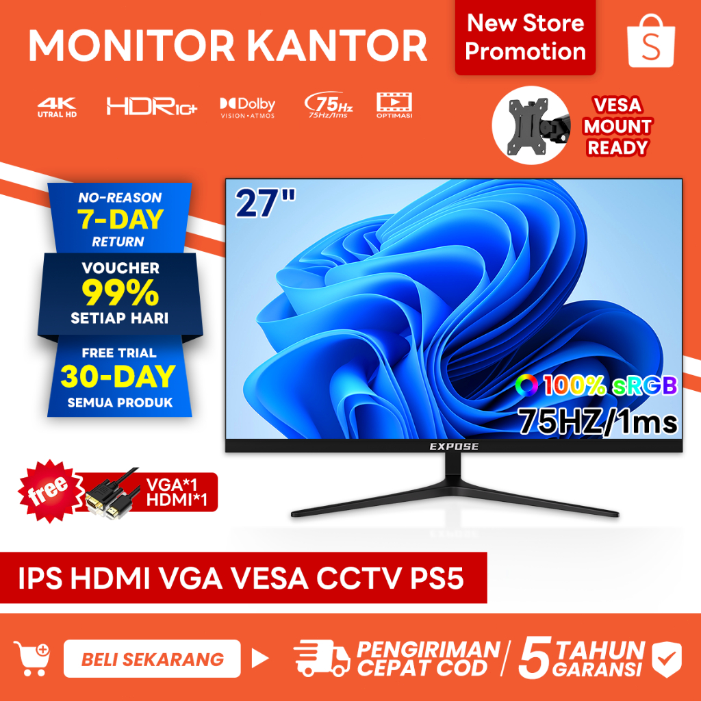 Jual Monitor Kantor 27 Inch 75Hz 19"/22"/24"/27"Monitor Set VESA IPS ...