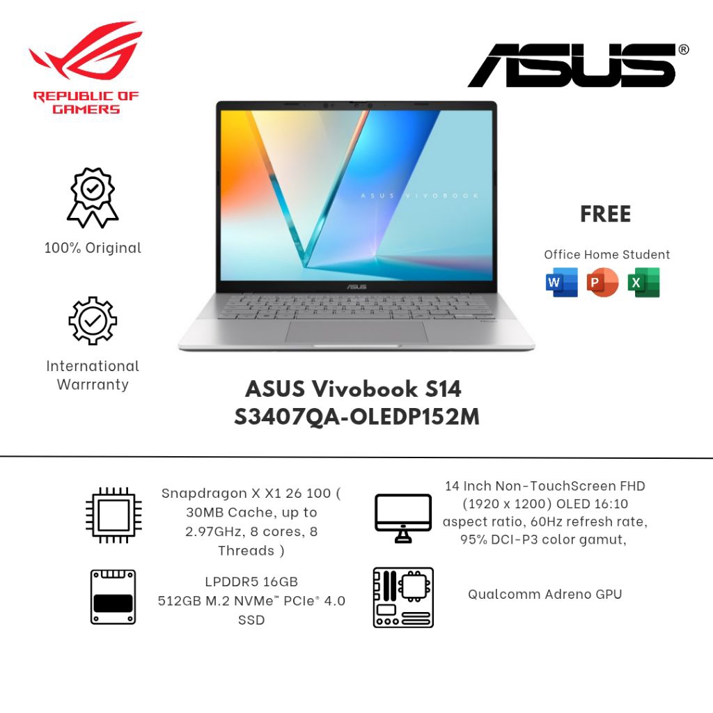 Jual ASUS Vivobook S14 S3407QA-OLEDP152M - Snapdragon X X126100 16GB ...
