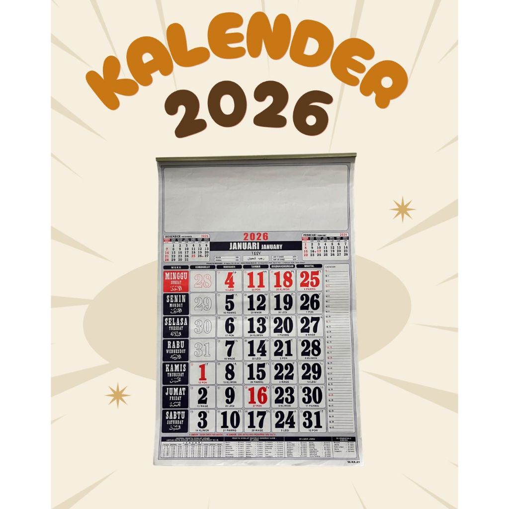 Jual Kalender Dinding 2026 Ukuran 32x48cm 12 Lembar | Lengkap Jadwal ...