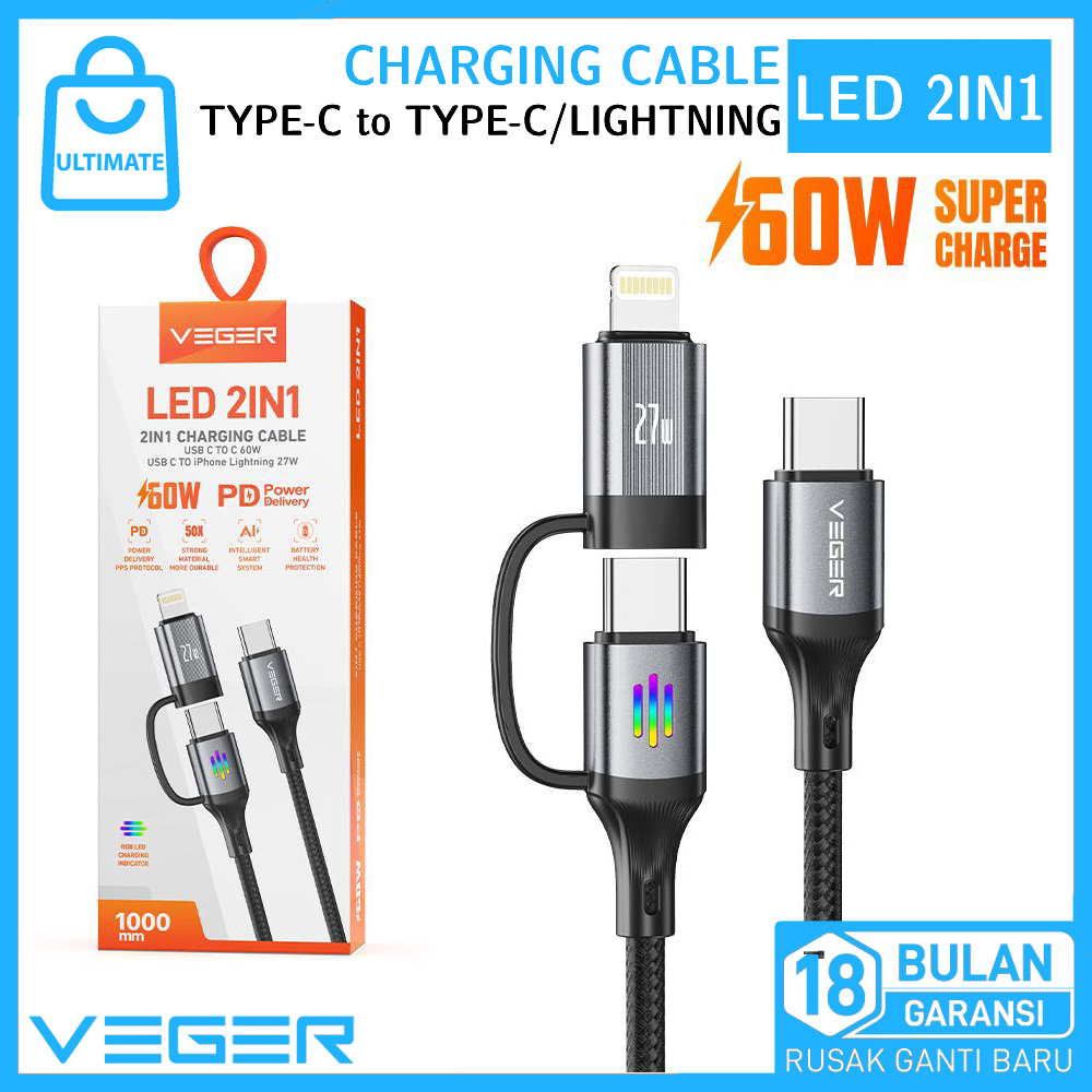 Jual VEGER Kabel Data Charger LED 2IN1 60W Type C to Type C / Lightning ...