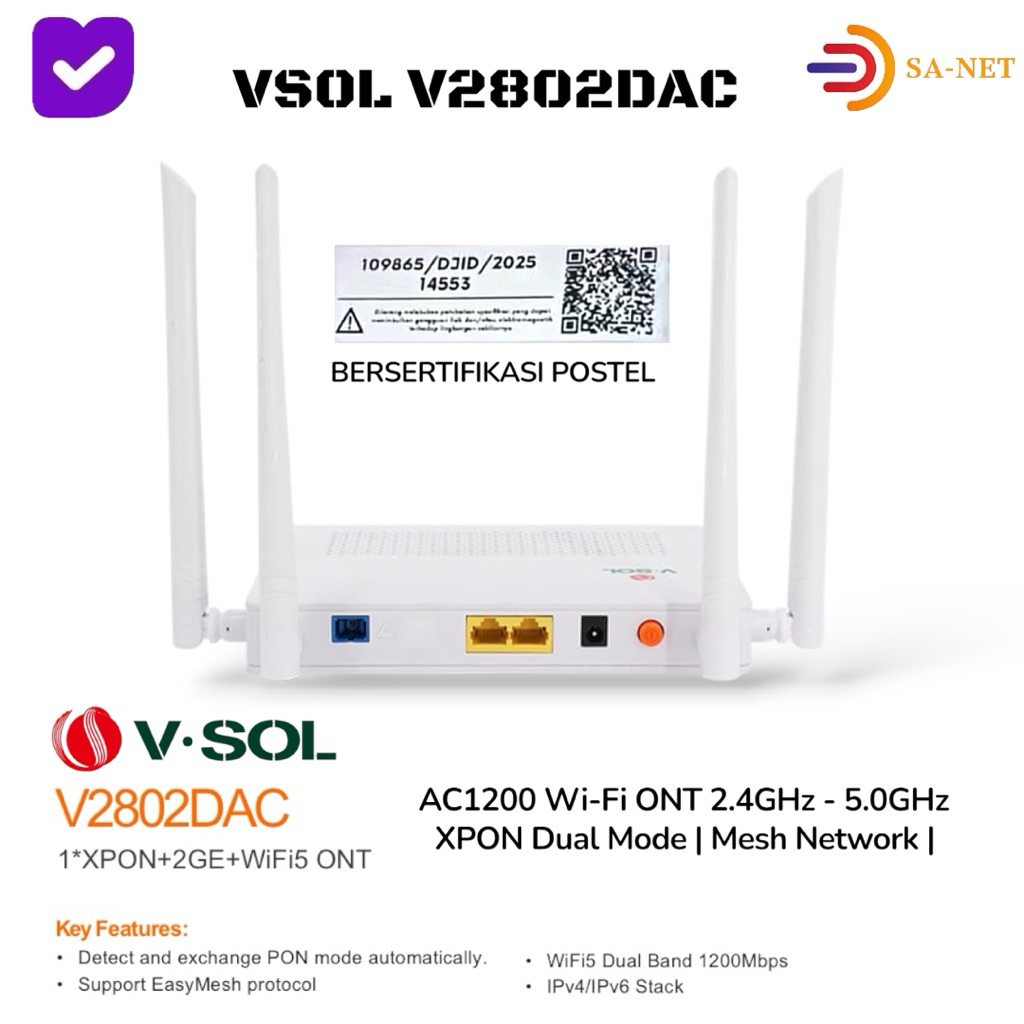 Jual 20 PCS ONT XPON VSOL V2802DAC AC1200 Dual Band 2.4GHz 5GHz Gigabit ...