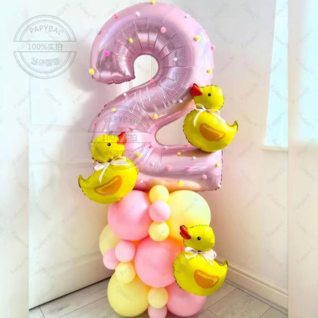 Jual Set balon foil angka jumbo 80cm warna baby pink tema bebek kuning ...