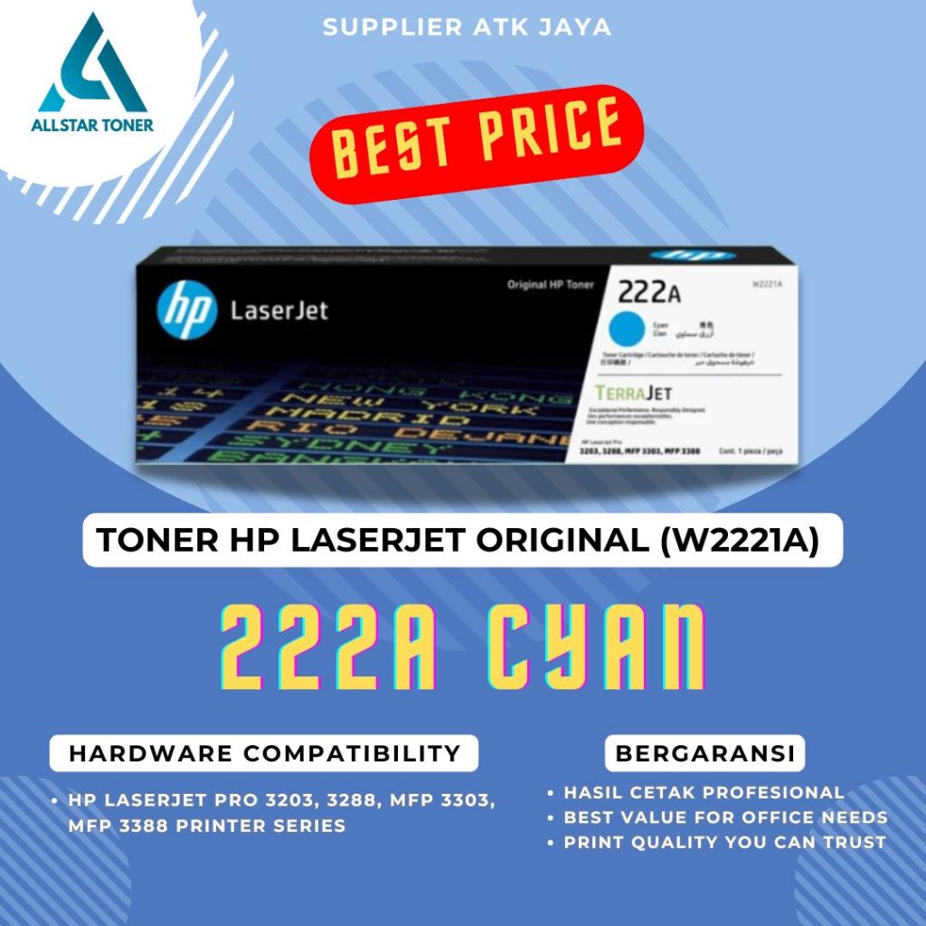 Jual Toner HP 222A ( W2221A ) Cyan Original LaserJet Cartridge For HP ...