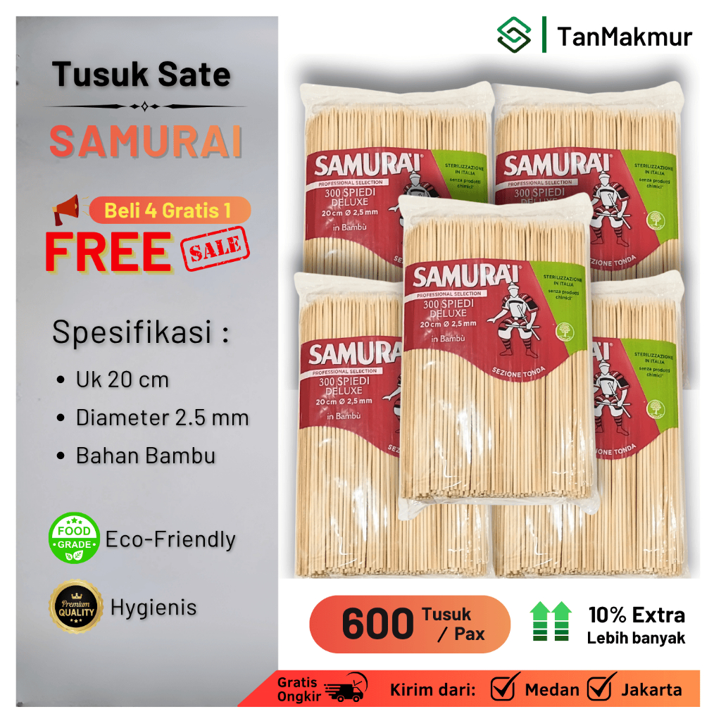 Jual (BUY 4 GET 1)Tusuk Sate Bambu Merek SAMURAI Isi 3000 Tusuk ...