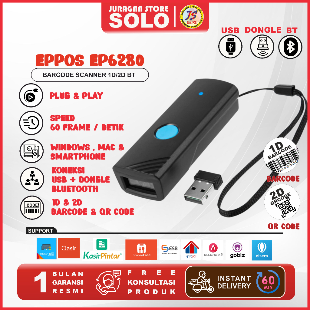 Jual Barcode Scanner 1D/2D EPPOS EP6280 Bluetooth Wireless Dongle dan ...